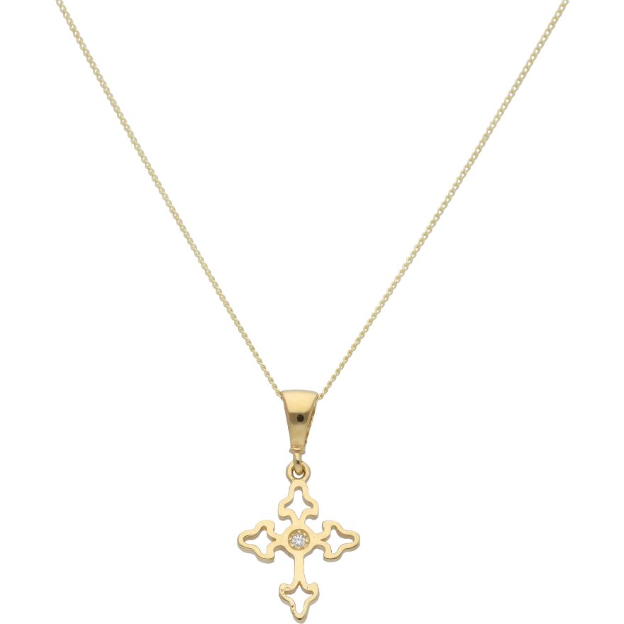 New 9ct Yellow Gold Gemstone Set Cross & 18" Chain Necklace