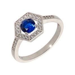 New Sterling Silver Blue Cubic Zirconia Hexagon Halo Ring